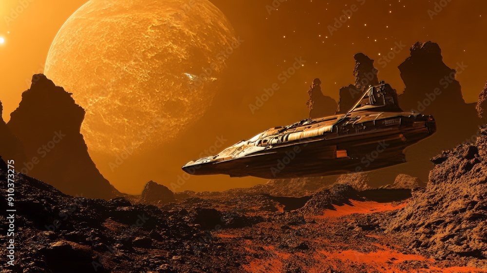 Spaceship landing on an alien planet with a giant sun in the background ...