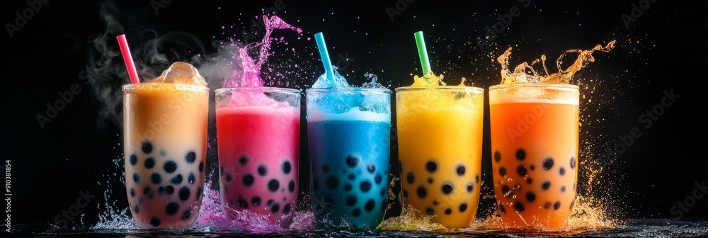 Colorful Boba Tea with Splashing Milk Tea - A row of five colorful boba ...