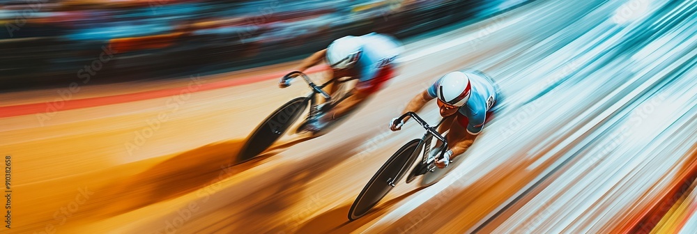 Cyclists Race at High Speed on a Velodrome Track - Two cyclists are ...