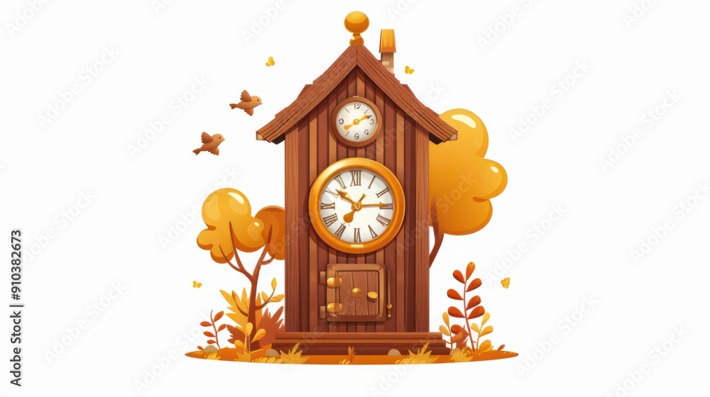 Modern cartoon illustration of a wooden grandfather clock with gold ...