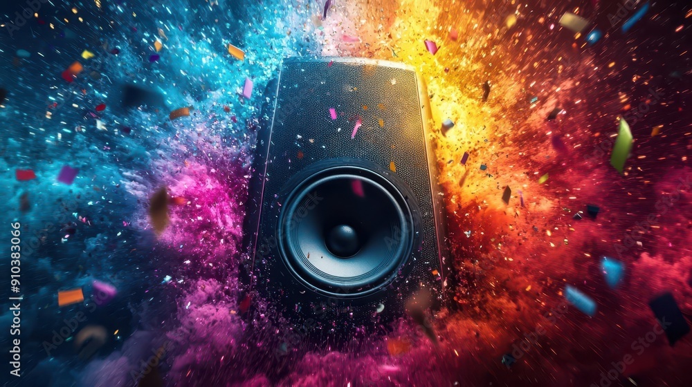 exploding speaker with dynamic sound waves and musical notes bursting ...