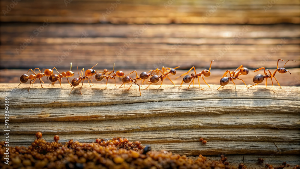 A procession of tiny ants forms a continuous line along a weathered ...