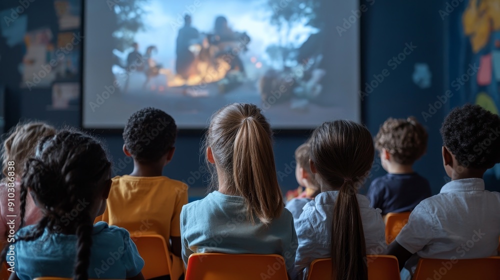 Kids Watching Movie on Projector Screen in Classroom - A group of ...