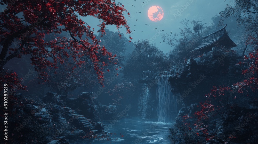 Mystical Japanese Garden with Red Moon and Waterfall - A serene ...