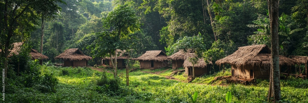 Secluded Jungle Village with Traditional Huts - A serene jungle scene ...