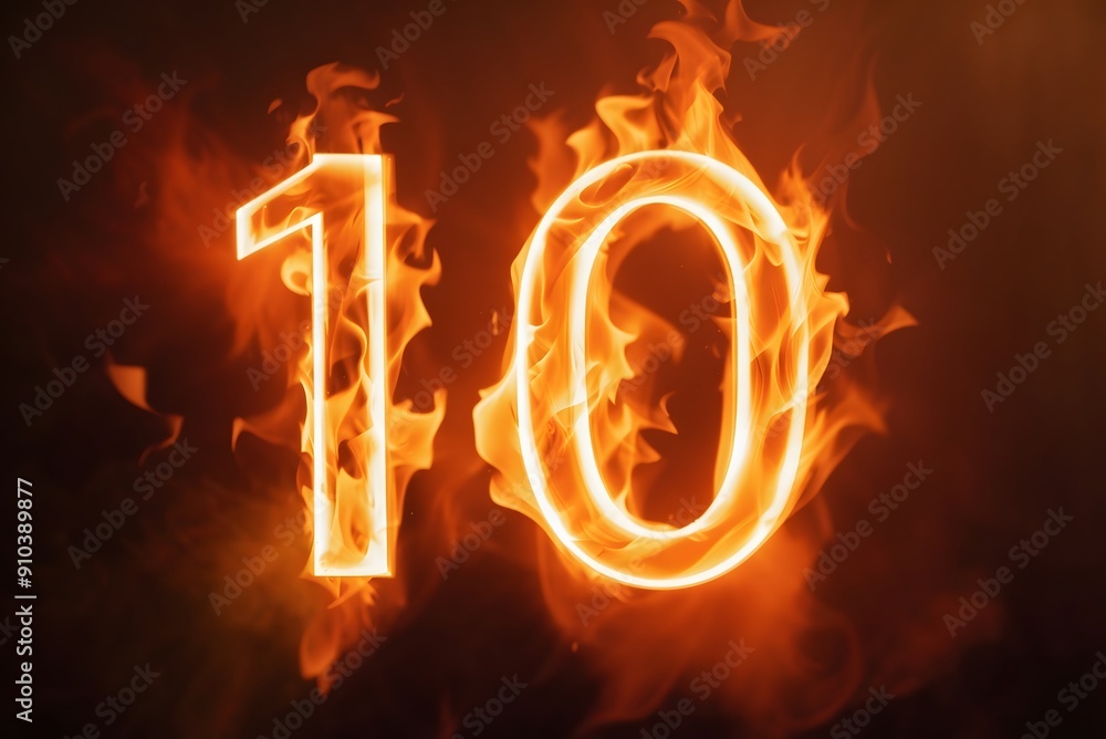 Flaming Number Ten Burning in Orange Fire Centred on Black Background ...
