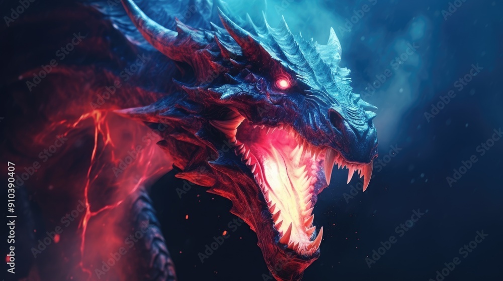 The close up picture of the fantasy dark dragon is opening the mouth to ...