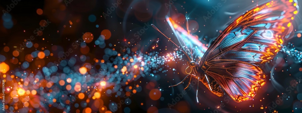 Abstract butterfly made of light and vibrant colors in a dark digital ...