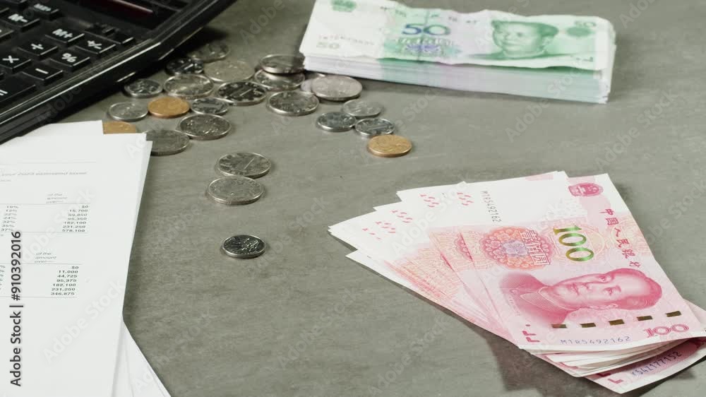 Detailed close up of 100 Yuan, the Chinese currency,CNY. A big wad of ...