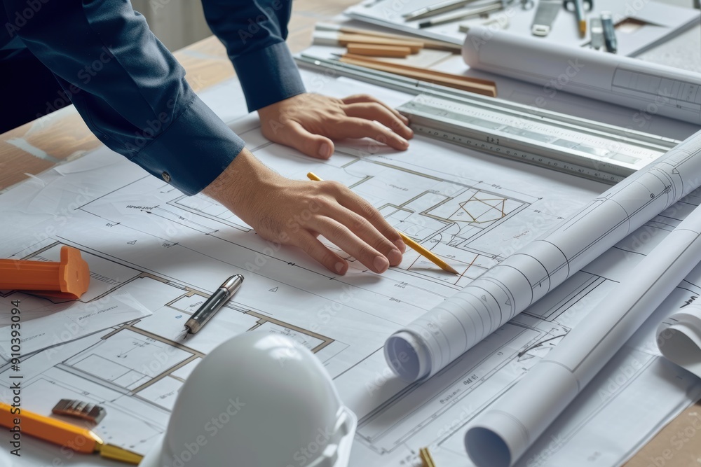Architect Hands And Planning On Blueprint For Construction Or Preparation For Building On