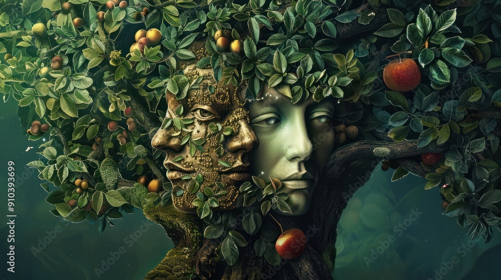 Artistic tree illustration with human faces on leaves and fruits ...