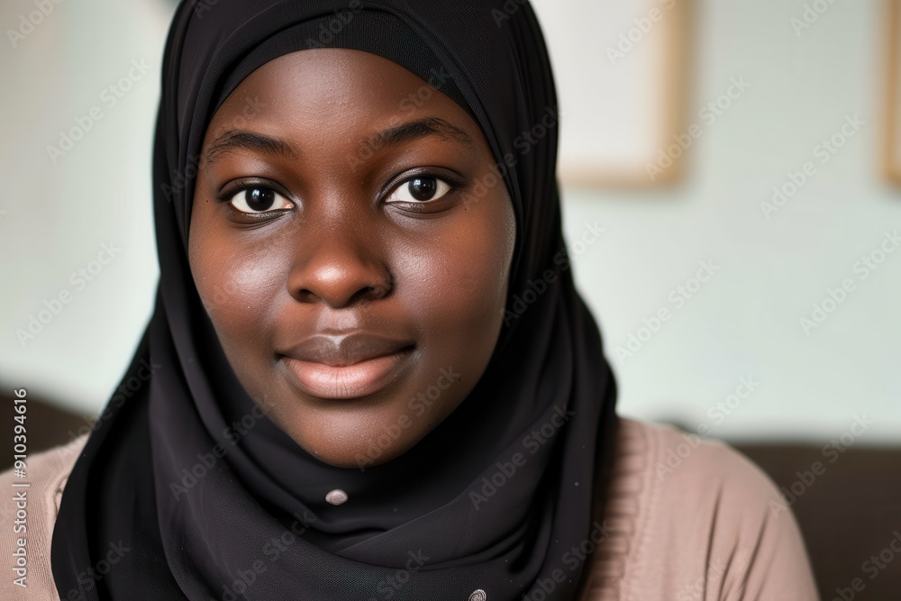 Muslim black woman portrait at home in livingroom. Muslim black woman ...