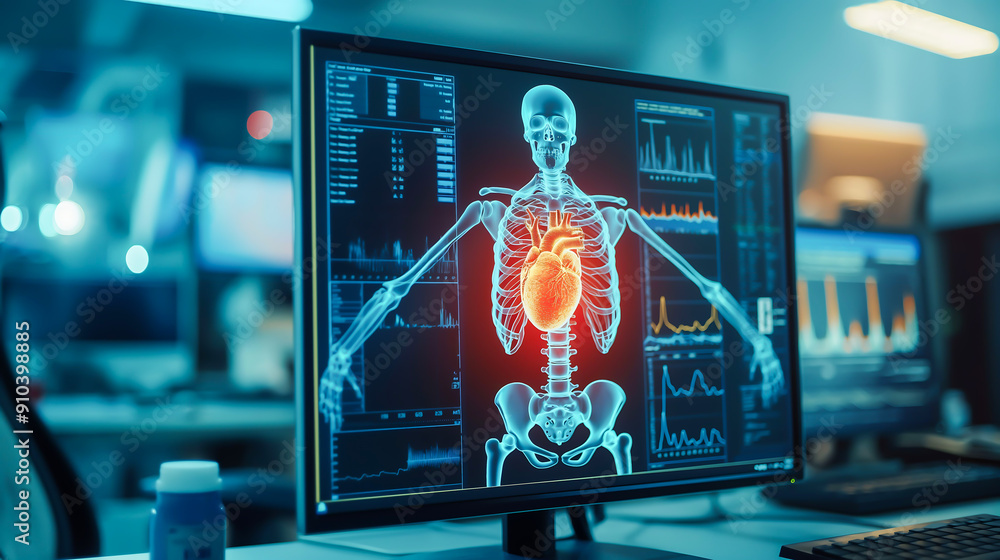 A computer monitor displays a skeleton with a heart, Futuristic ...