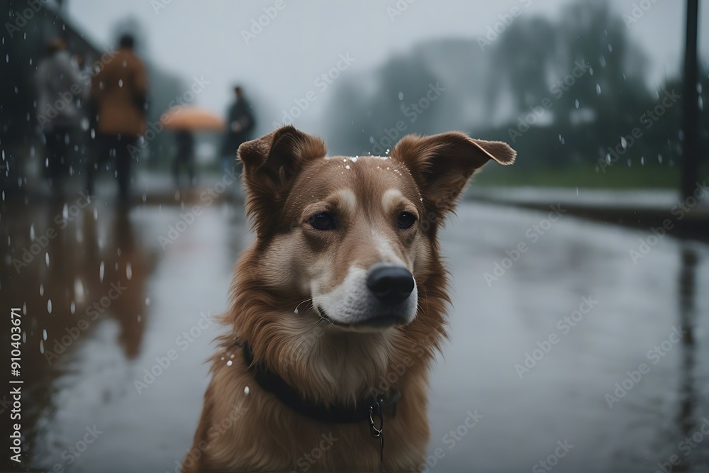 pfutze sitzt im regen hund einer dog rain puddle raincoat hood wet ...