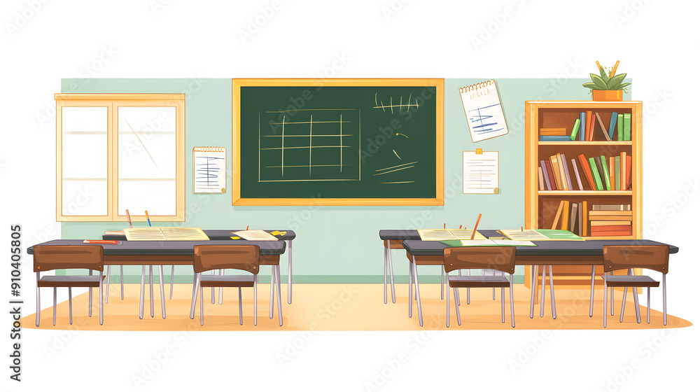 math classroom interior, school classroom with teacher table and desks ...