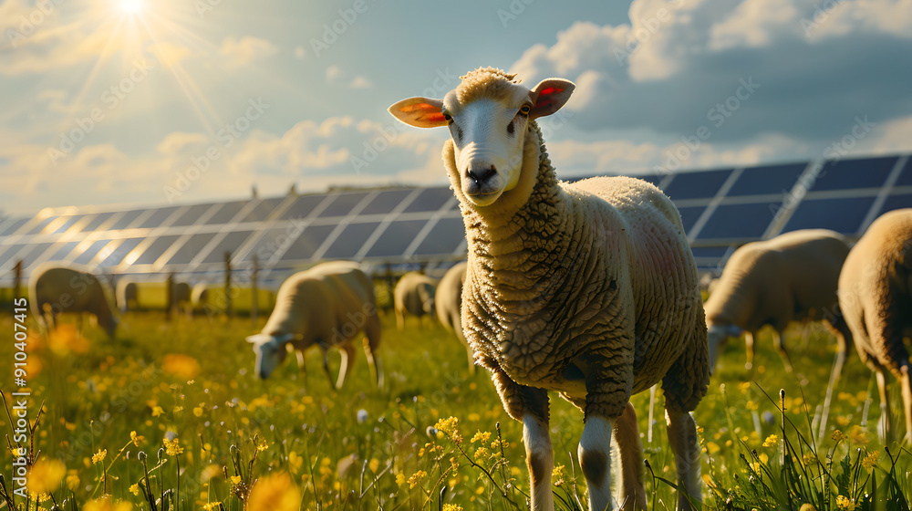 sheep in front, solar panel in background, Animal meets technologie ...