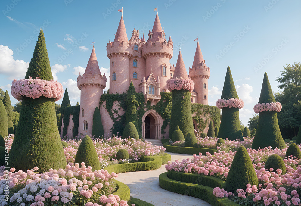 fantasy pink topiary castle with towers and blooming flowers under ...