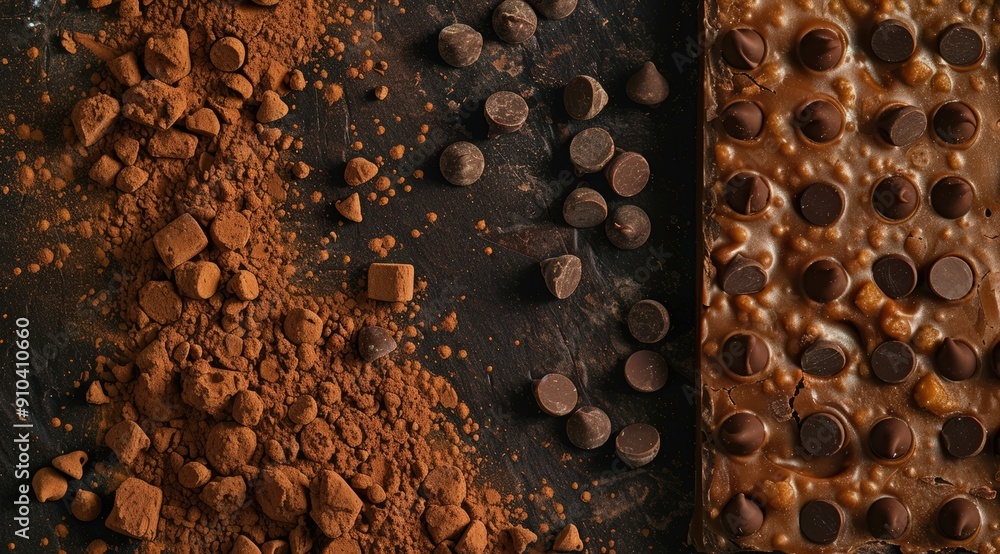 Dark chocolate bars sprinkled with cocoa powder on a dark background ...