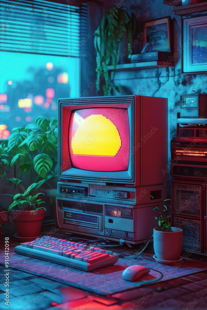 Retro Gaming Nostalgia: classic computer displaying a vibrant pixel art ...