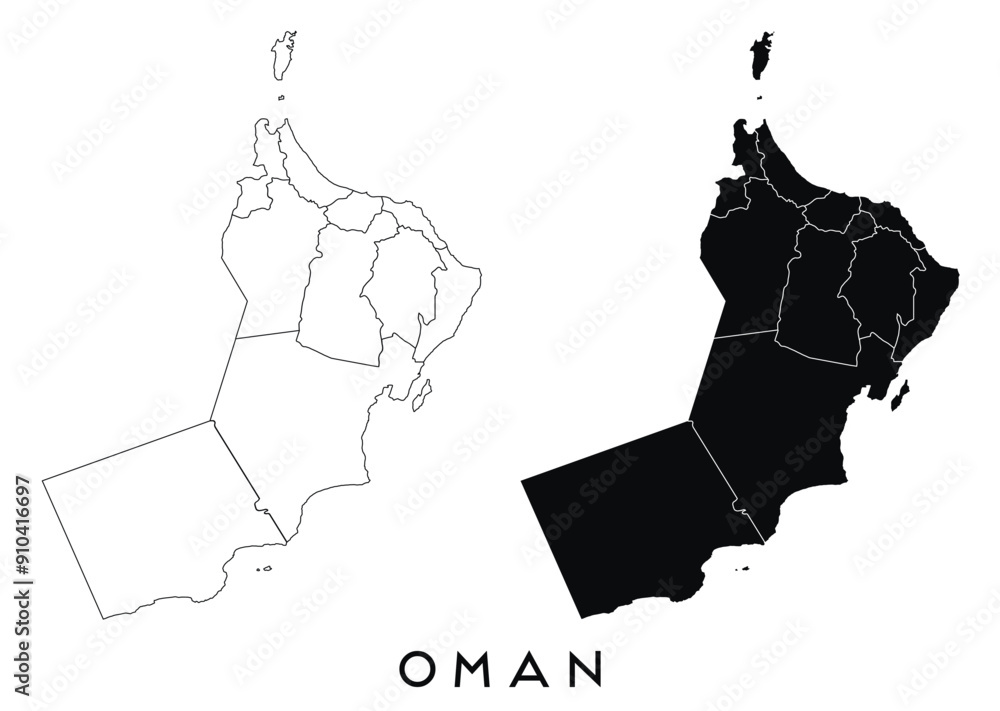 Oman map of regions districts vector black on white and outline Stock Vector | Adobe Stock