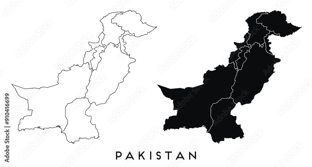 Pakistan map of regions districts vector black on white and outline ...