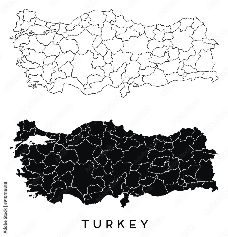 Turkey map of regions districts vector black on white and outline Stock ...