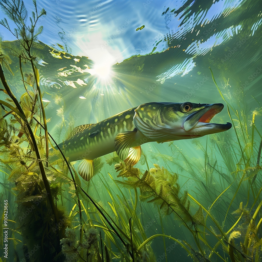 A common pike Esox lucius lunging from underwater vegetation in a clear lake, with sharp teeth ...