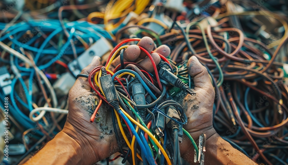 Explore electronic waste management with hands holding a tangled heap ...