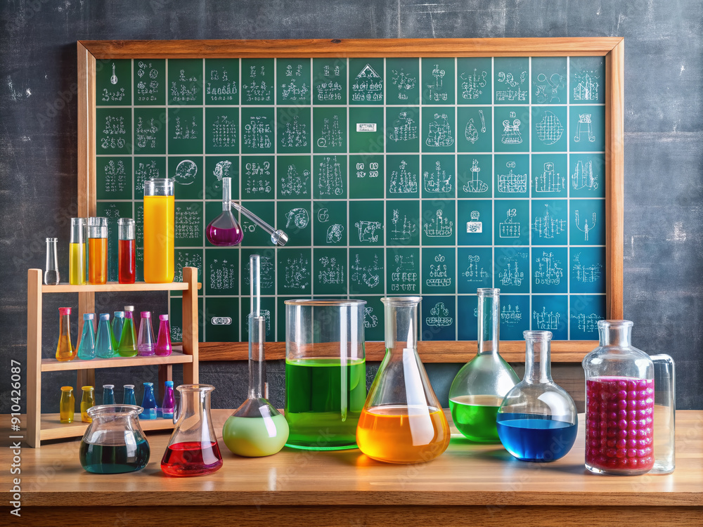 A neatly organized blackboard displays the periodic table of chemical ...