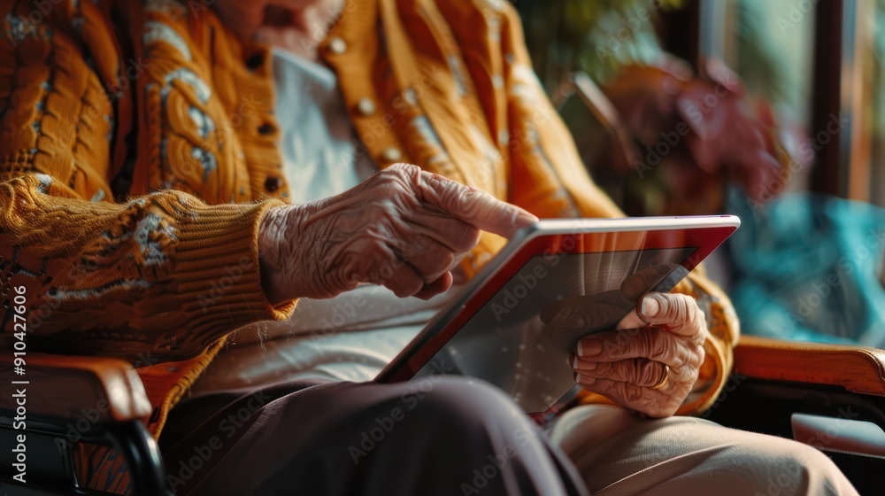 An elderly person in a wheelchair using a tablet device, with a ...
