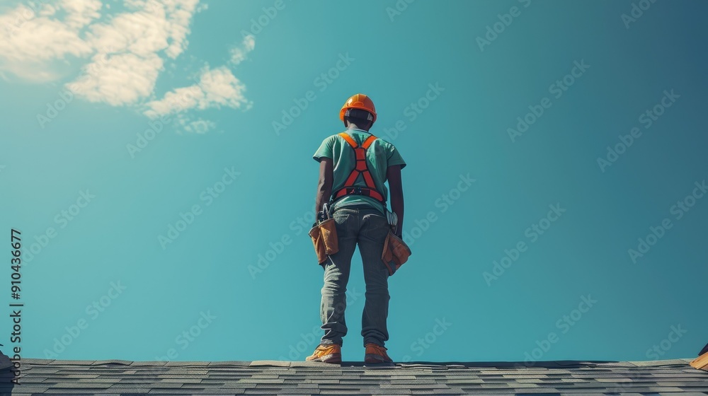 Standing construction worker on a rooftop wearing safety harness under ...