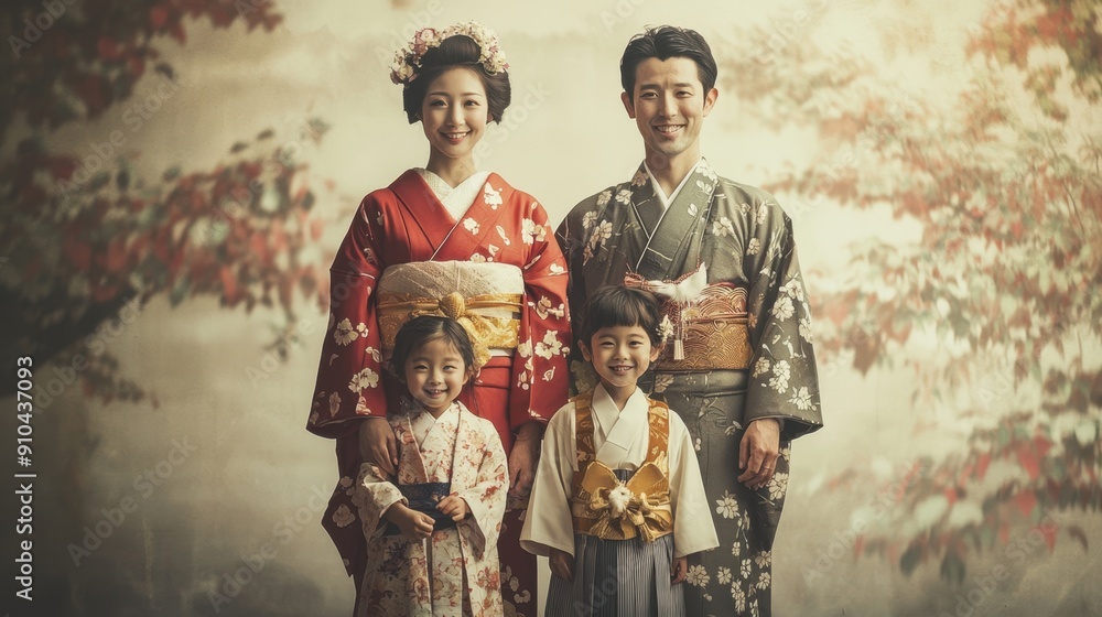 36. Japanese family in traditional clothing, in a vintage style, using ...