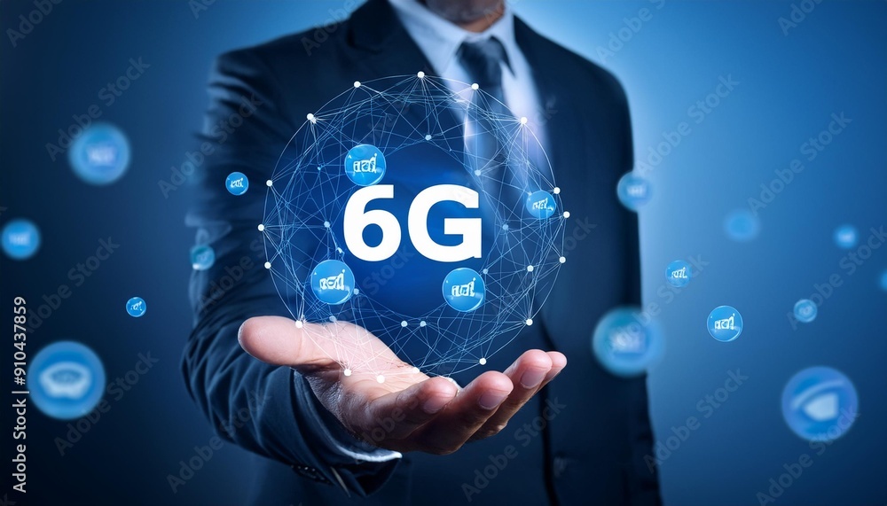 Businessman Holding Virtual 6G Network Connection Icons. Next-Gen ...