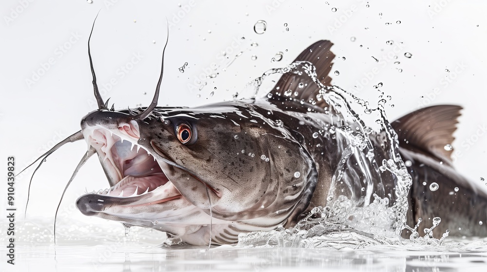 An intense of a large catfish attacking, teeth bared and eyes focused ...