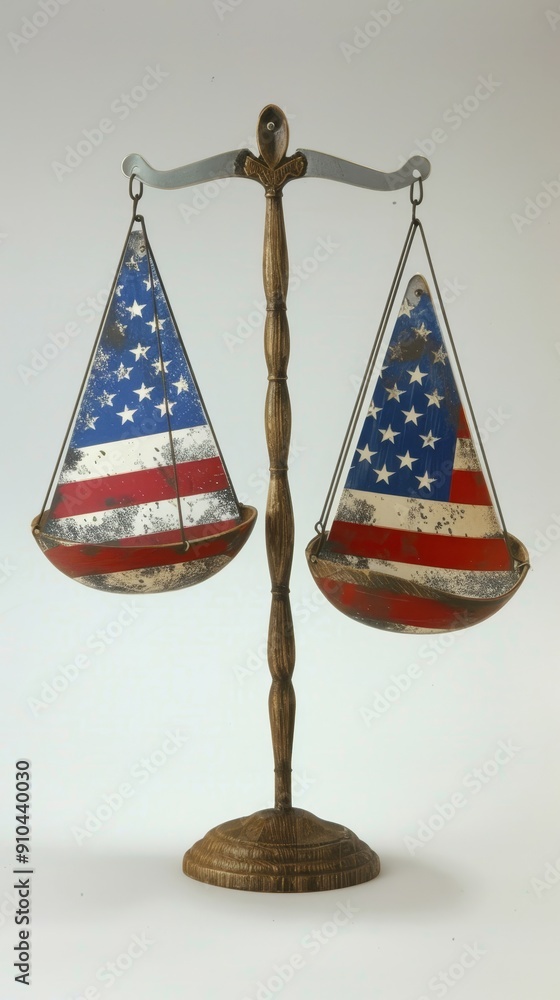 Two scales with American flags hanging from them. The scales are tilted ...