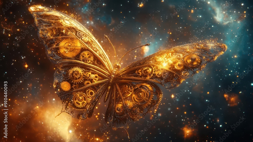 surreal butterfly with wings made of shimmering golden clockwork gears ...