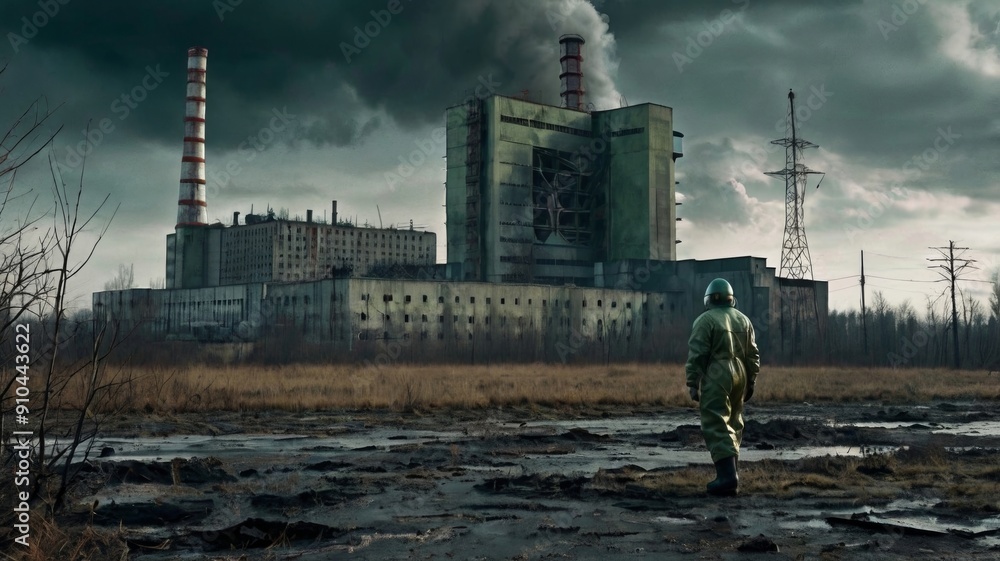 Nuclear disaster at a nuclear power plant: a deserted landscape with a ...