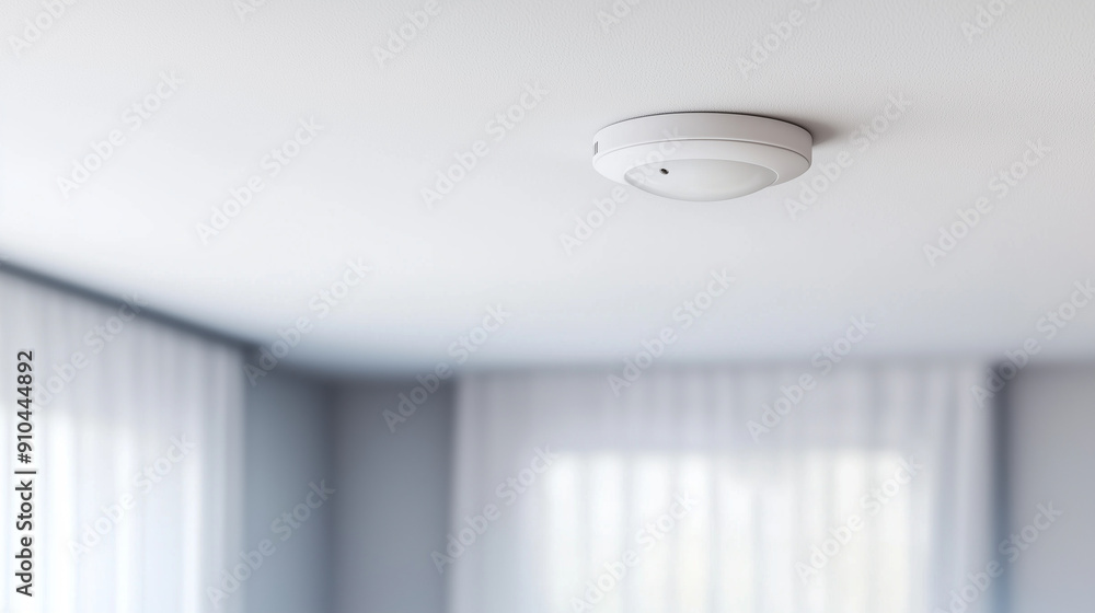 Closeup of the white smoke detector technology device placed on the ...
