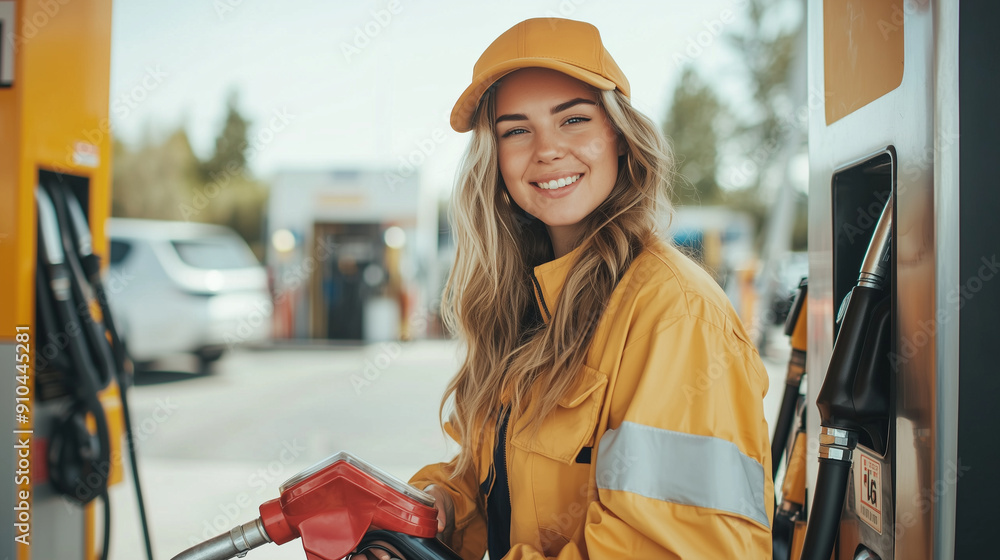 Beautiful young woman, a female gas station worker, holding a red ...