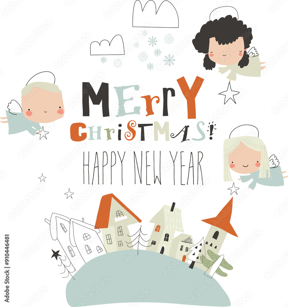 Cute little angels flying above the small town. Vector illustration ...