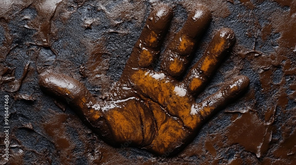 Detailed hand print in wet mud isolated on white background, with ...