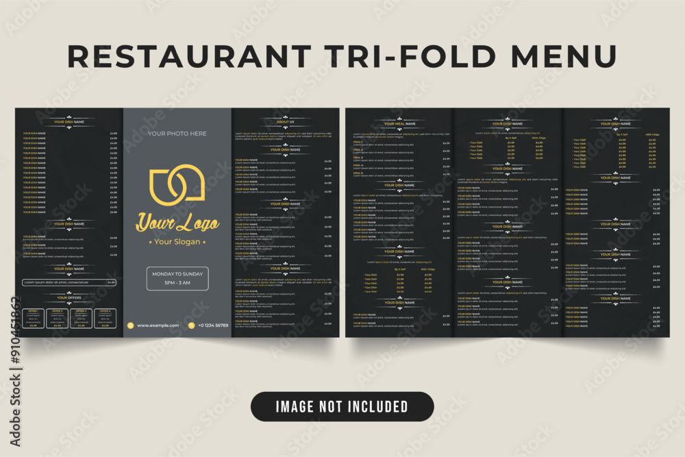 Restaurant trifold menu design with black and yellow color. Modern ...