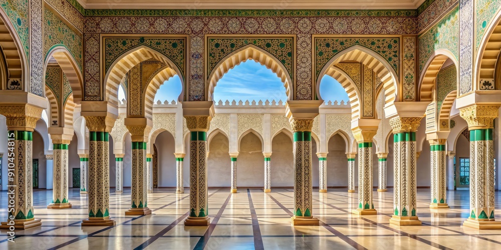 Ornate Arches and Pillars in a Moroccan Mosque, wide angle, intricate ...