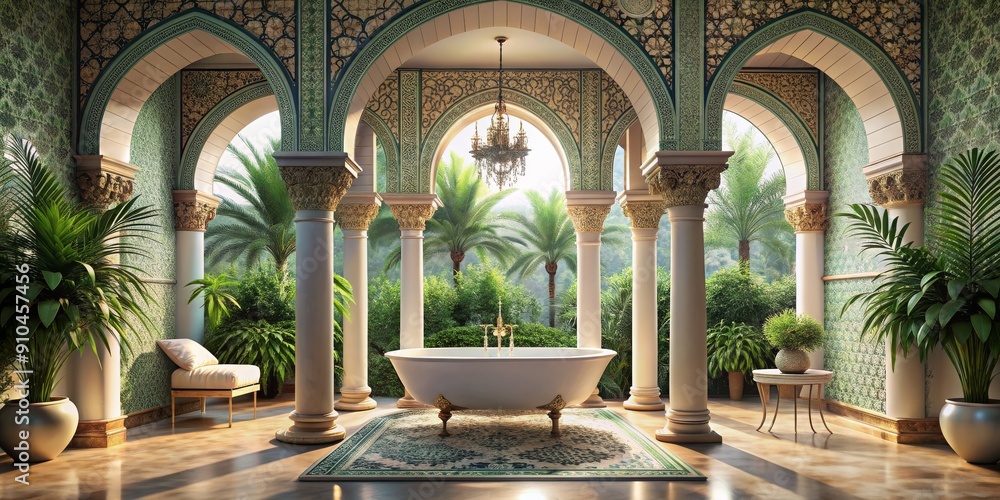 Luxury Bath in a Moroccan Garden, 3D Render, Interior Design, Ornate ...