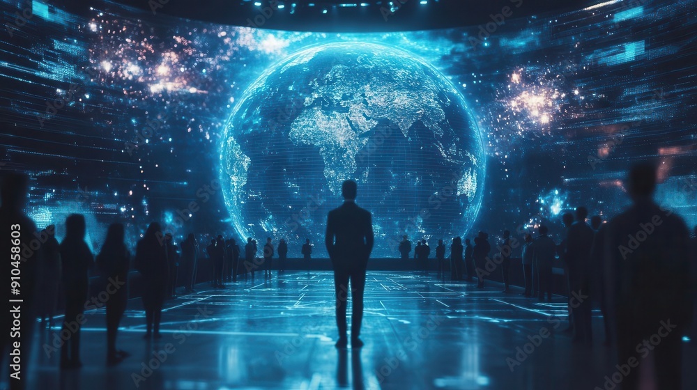 holographic presenter addresses global audience virtual stage with ...