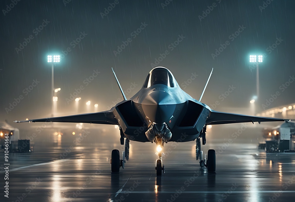 f fighter runway jet heading night airport while take heavy 3d rain ...