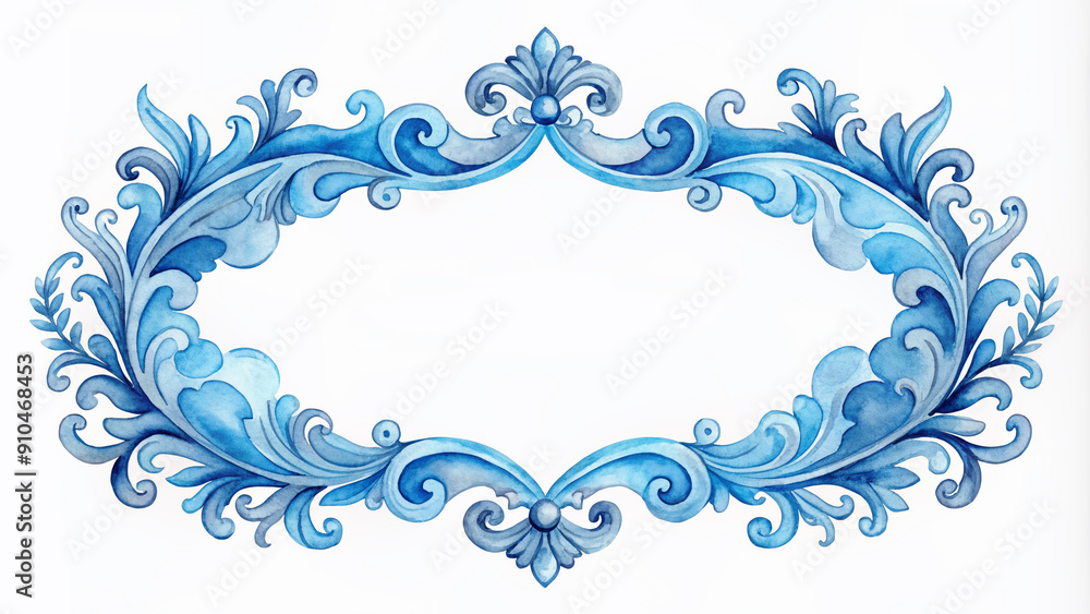 Elegant blue watercolor crest frame set with vintage ornate details ...