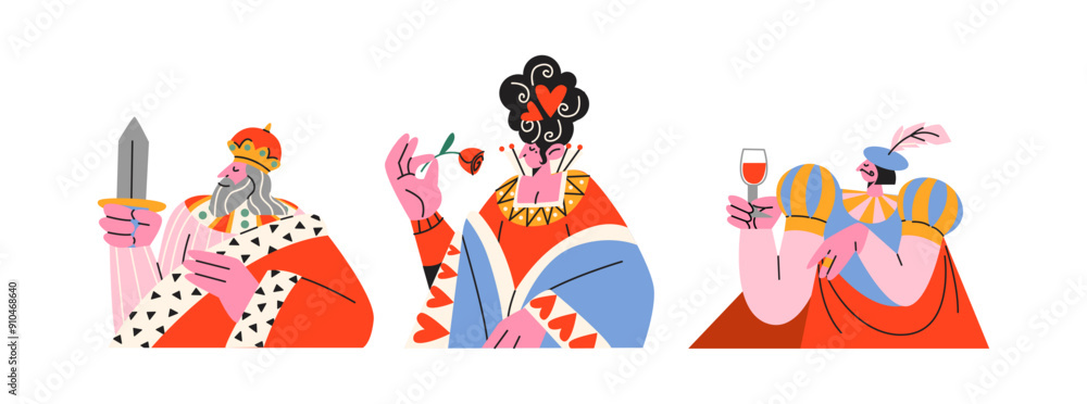 Cartoon characters of playing cards. King, queen, jack of various suits ...