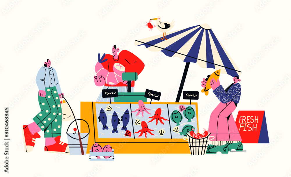 Farmers fish market, street fair stalls. Cartoon shop with organic ...