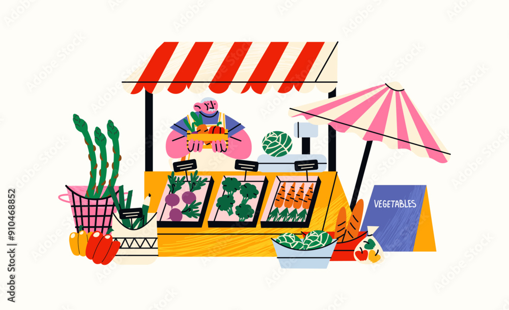 Farmers vegetables market, street fair stalls. Cartoon shop with ...